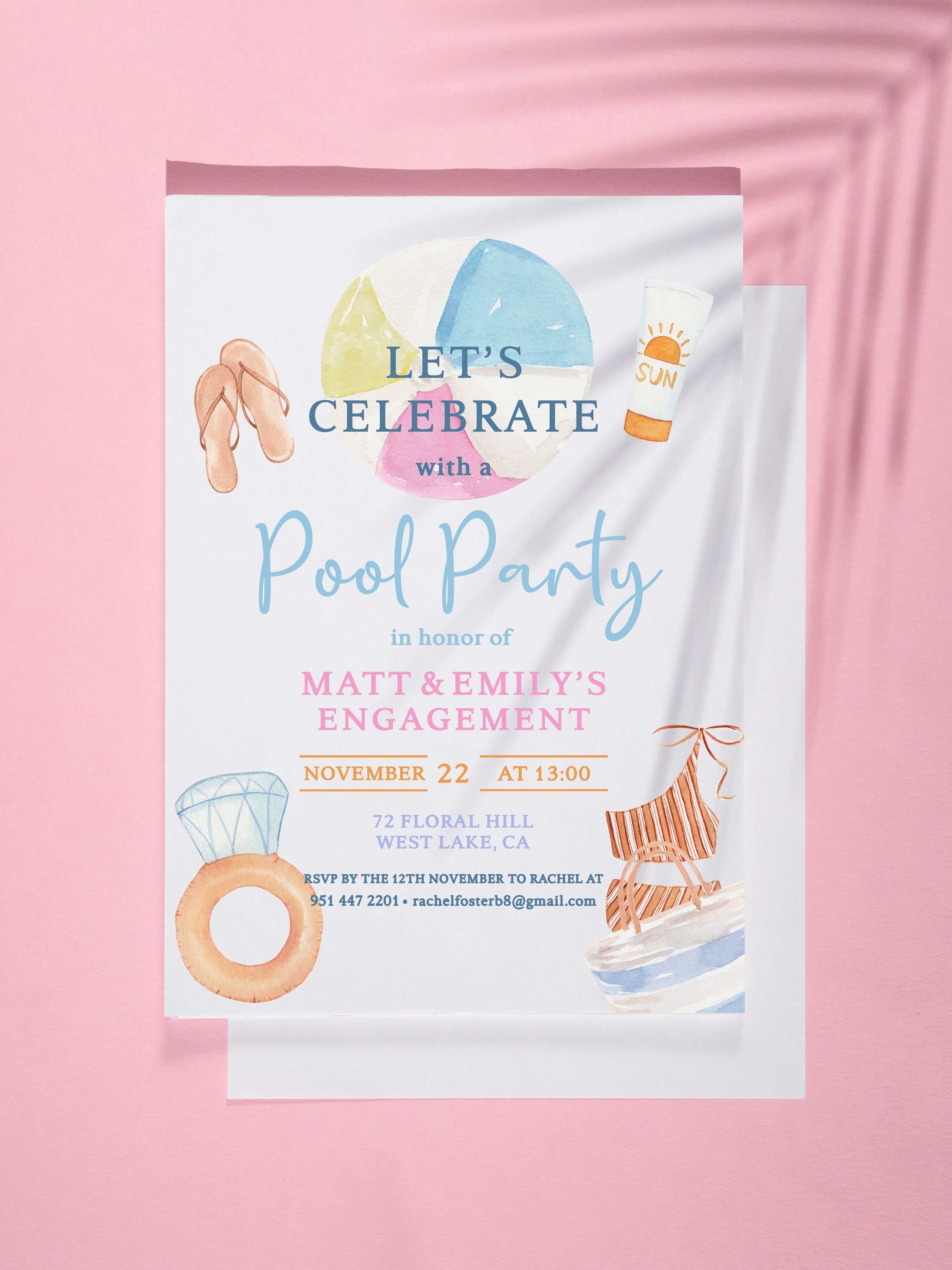 Engagement Pool Party Invitation, Colorful Pool Party Invite for ...