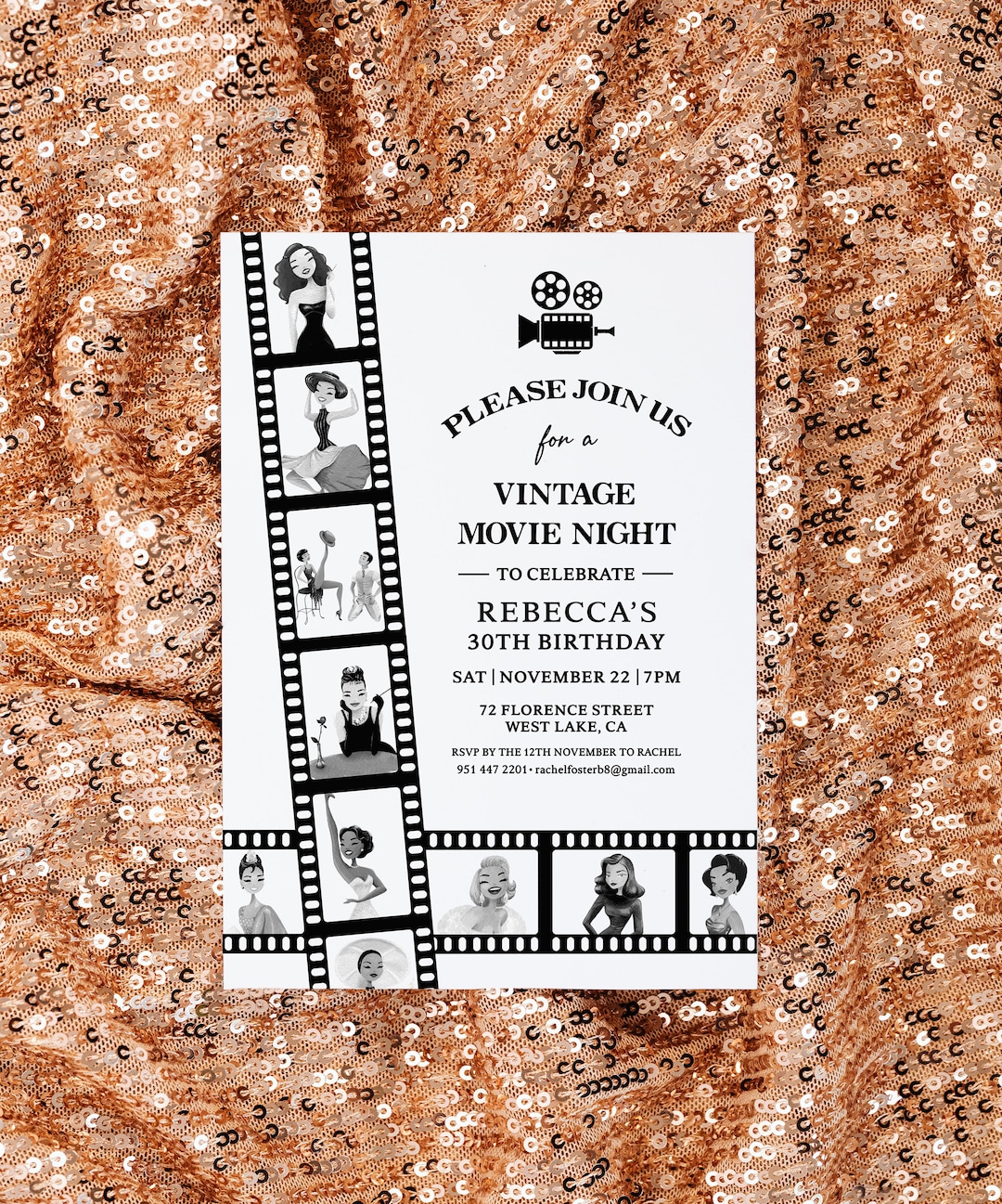 Vintage Movie Party Invitation, Old Hollywood Movie Night Party ...