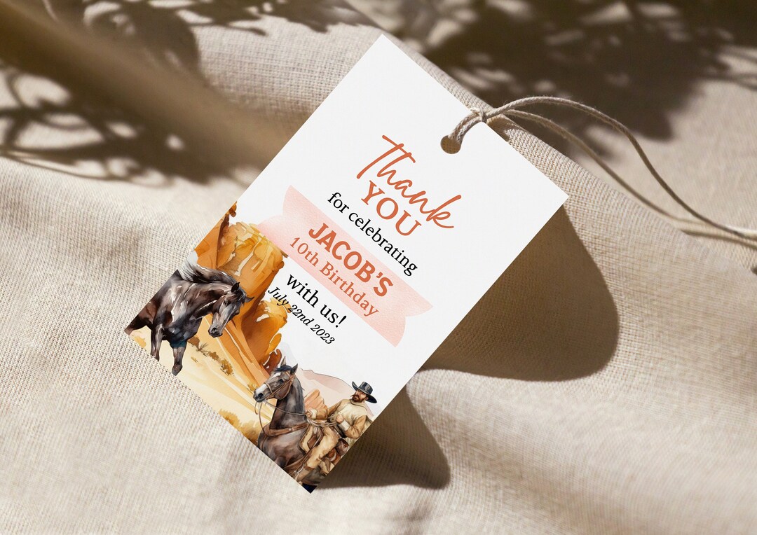 Kids Cowboy Theme Thank You Tag, Wild West Party Favour Tags, Western ...