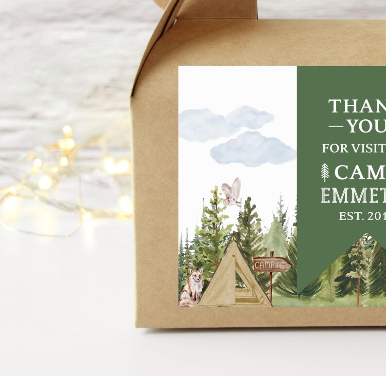 Kids Camping Party Box Label, Kids Camping Sticker for Favor Box ...