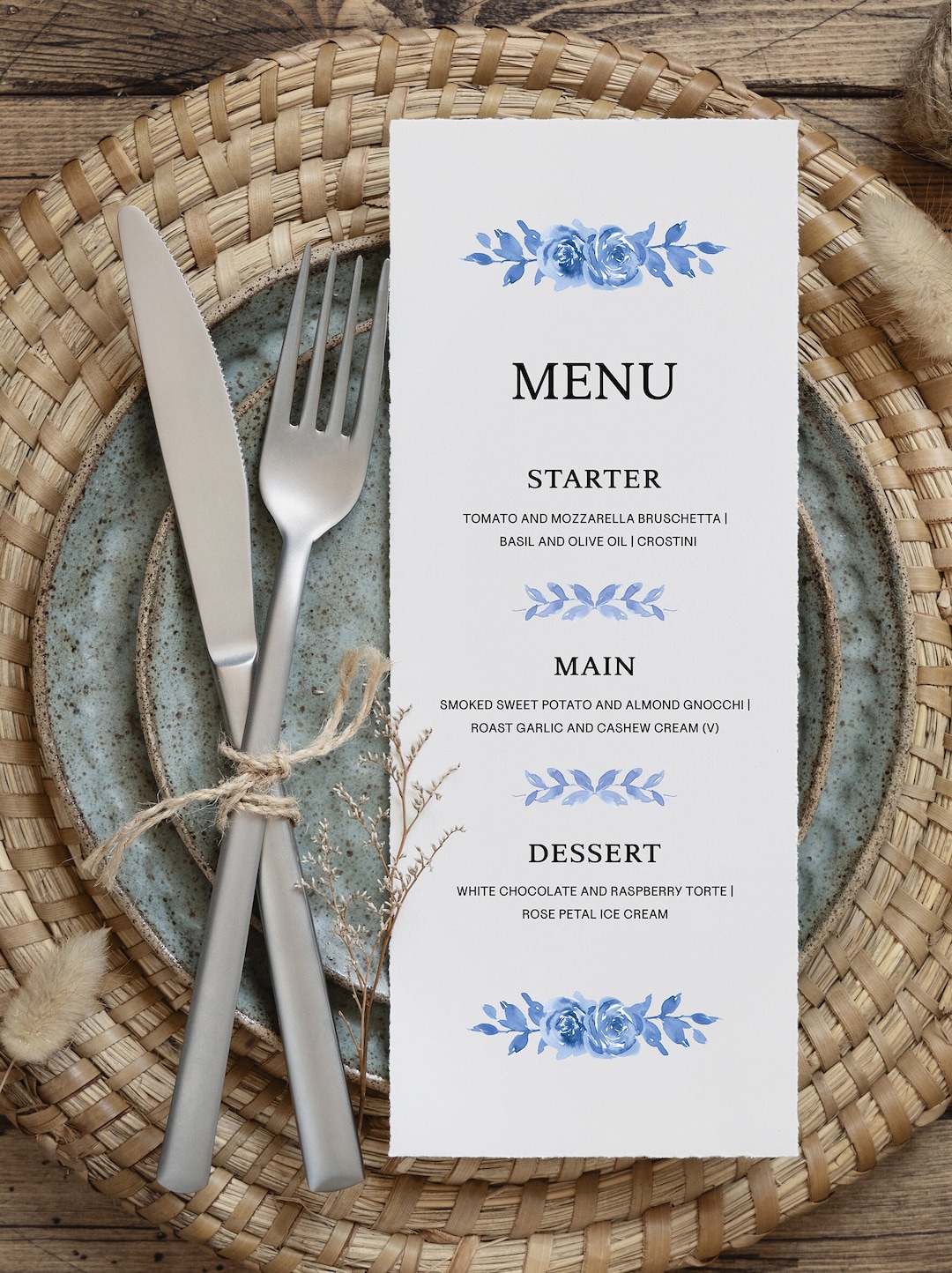Elegant Blue Roses Themed Menu for Weddings and Events, Personalized ...