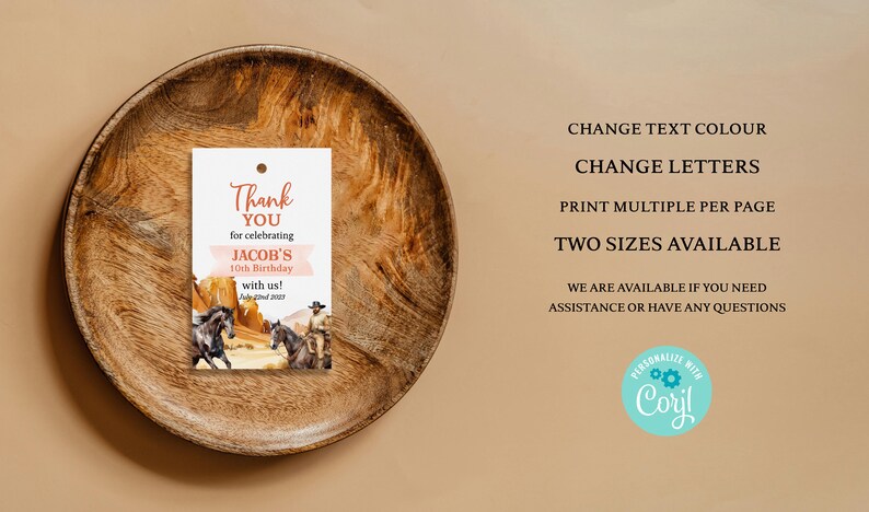Kids Cowboy Theme Thank You Tag, Wild West Party Favour Tags, Western ...