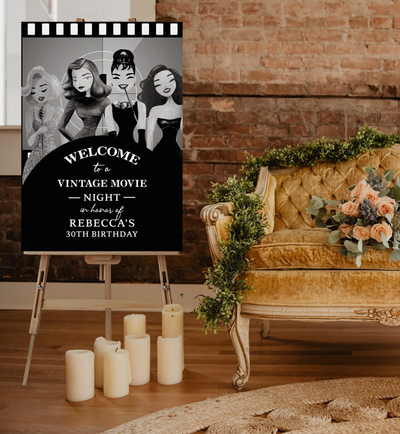 Vintage Movie Night Welcome Sign, Old Hollywood Movie Party Evening ...