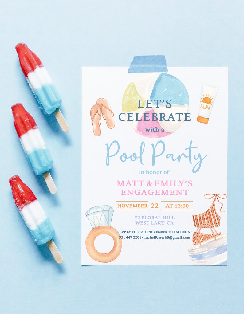 Engagement Pool Party Invitation, Colorful Pool Party Invite for ...