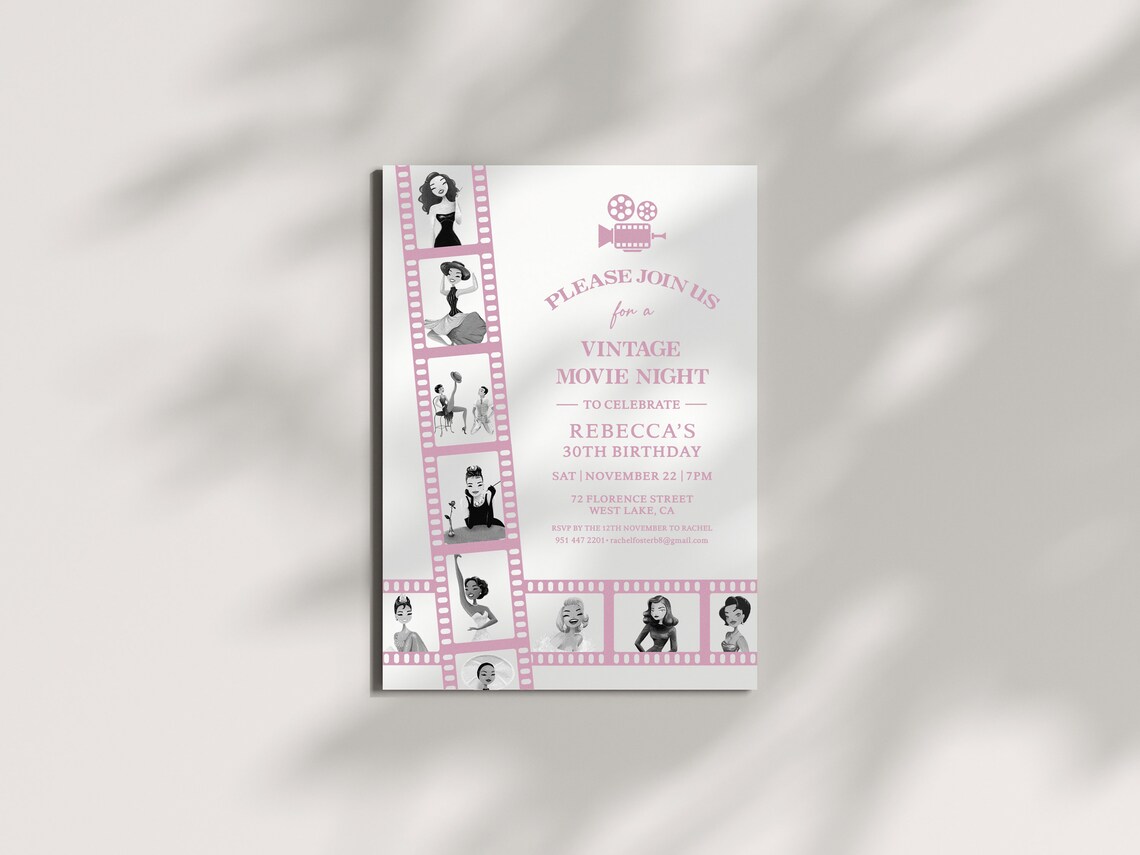 Classic Old Hollywood Movie Night Party, Pink Vintage Movie Party ...