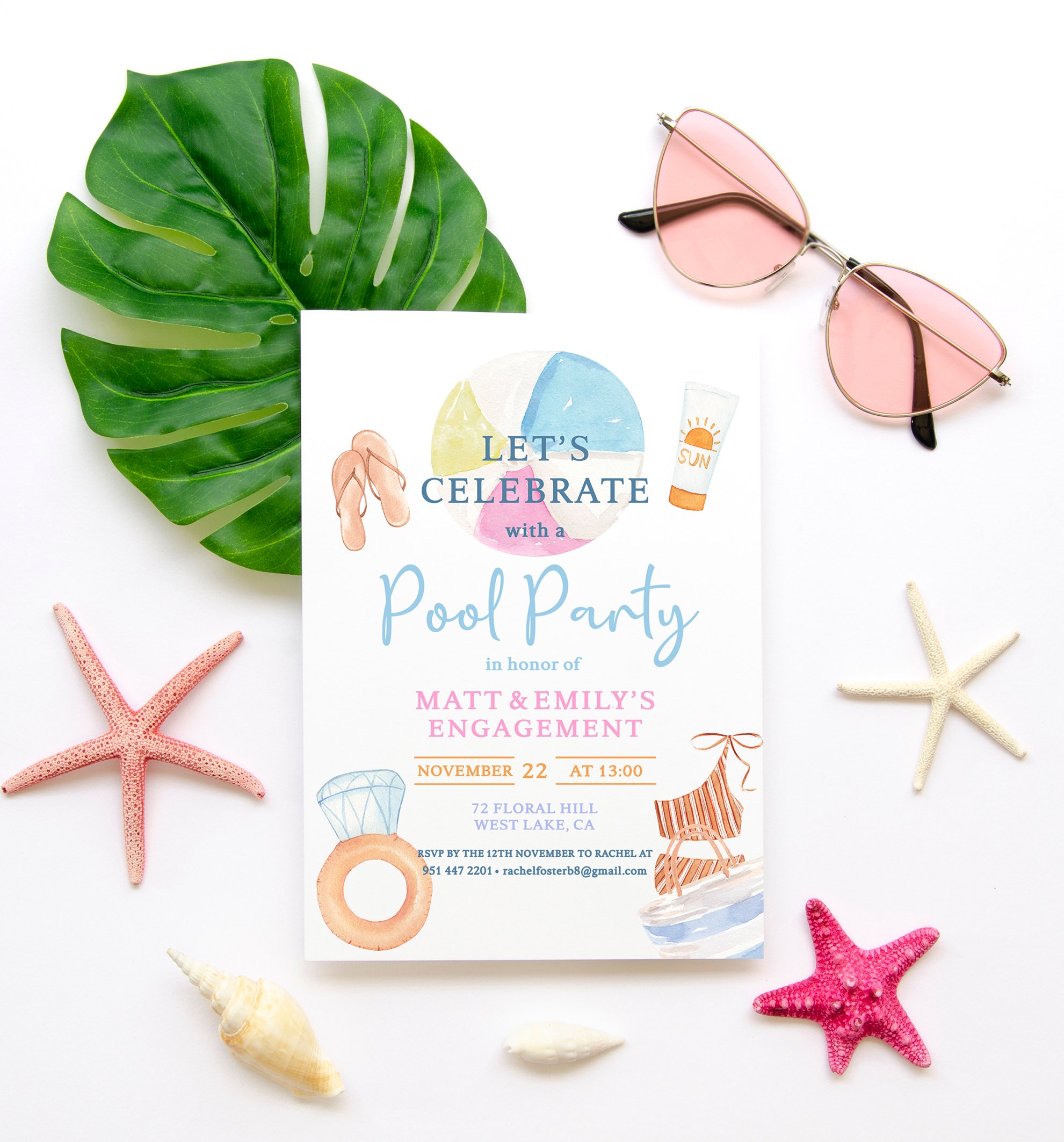 Engagement Pool Party Invitation, Colorful Pool Party Invite for ...