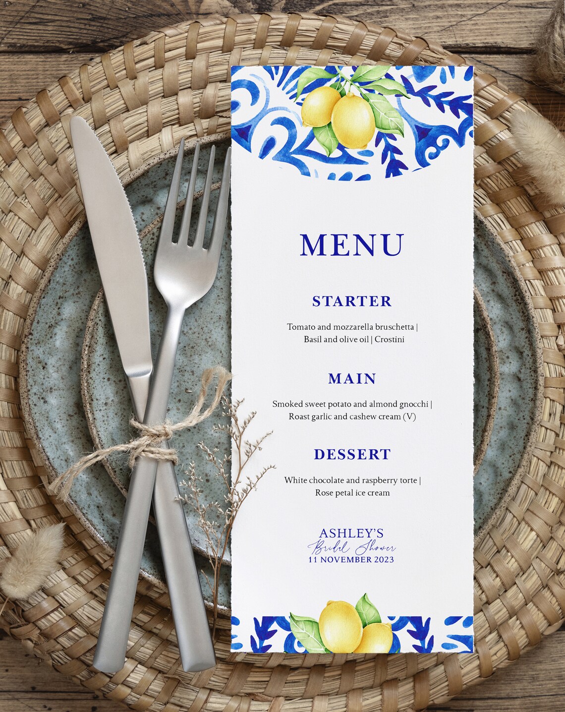 Elegant Mediterranean Lemon Menu for Weddings and Events, Personalized Mediterranean Stationery ...
