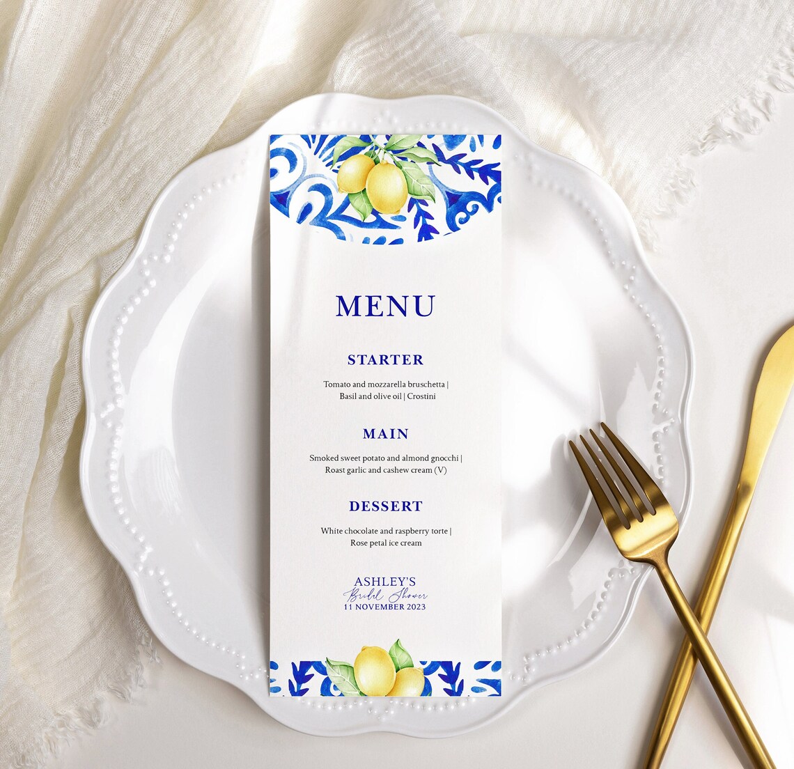 Elegant Mediterranean Lemon Menu for Weddings and Events, Personalized Mediterranean Stationery ...