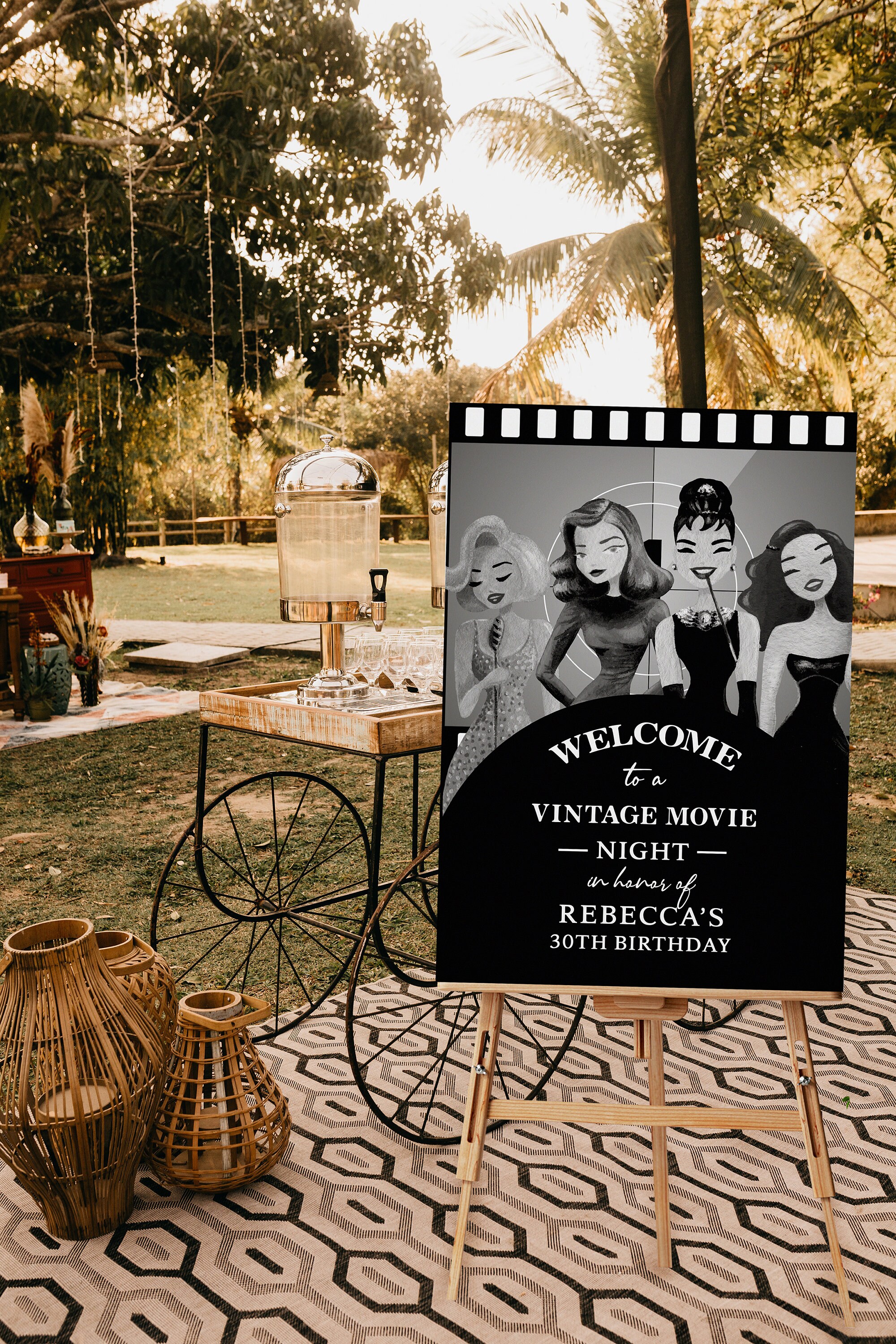 Vintage Movie Night Welcome Sign, Old Hollywood Movie Party Evening ...