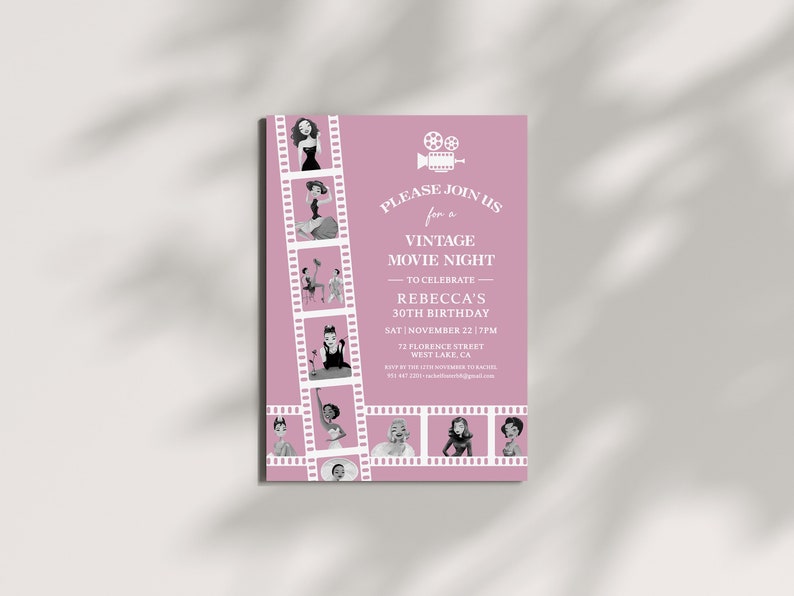 Pink Vintage Movie Party Invite, Classic Old Hollywood Movie Night ...