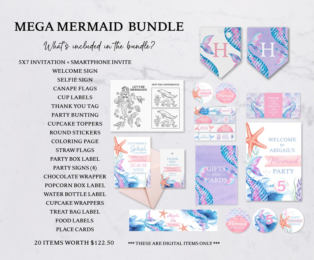 Mega Mermaid Party Bundle, Personalized Mermaid Party Bundle With 20 ...