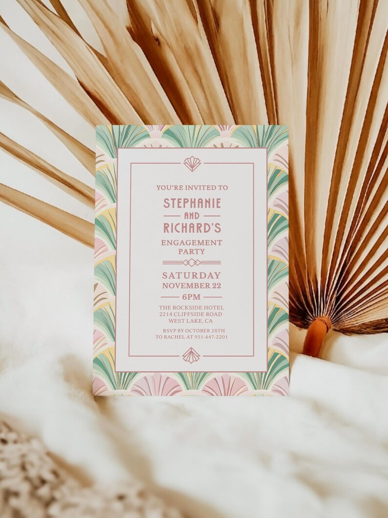 Elegant Pastel Engagement Party Invite, Modern Art Deco Style ...
