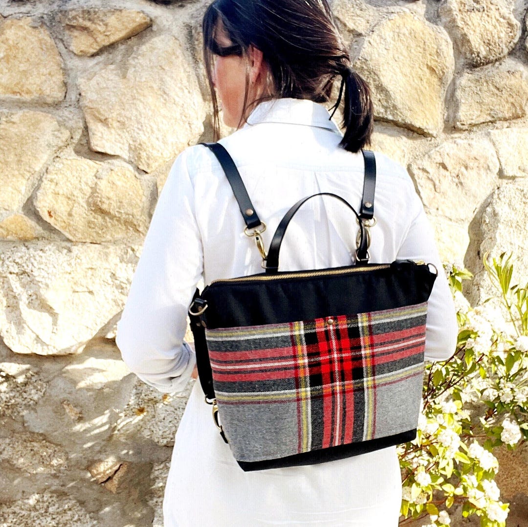 Waxed Canvas Convertible Backpack: Plaid Wool, Leather Straps ...