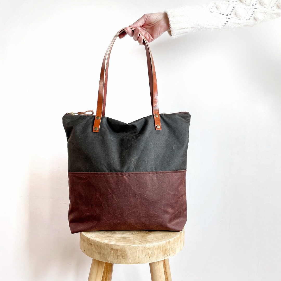 Large Work Tote Bag in Two Colors, Waxed Canvas and Leather Handbag ...