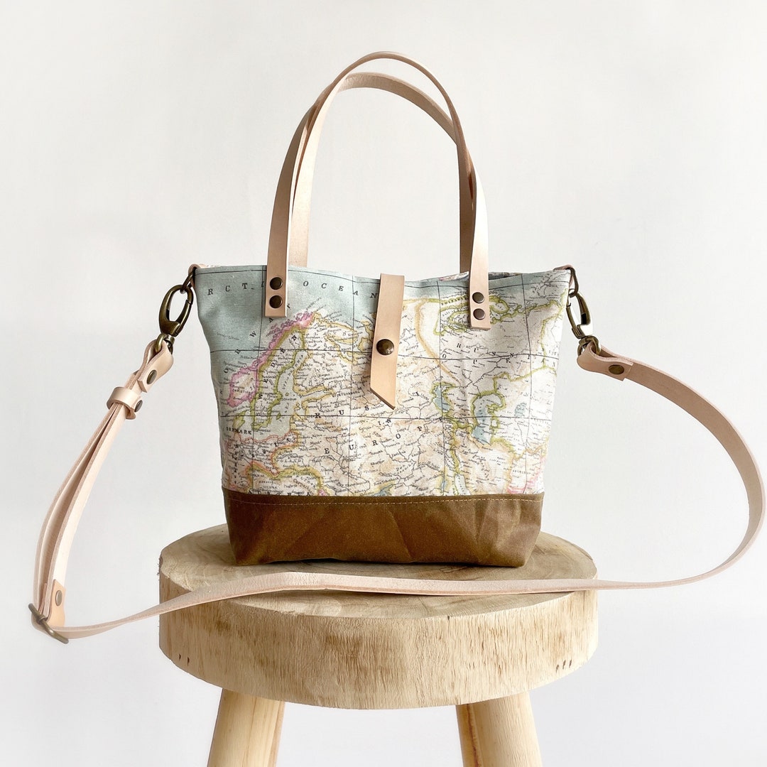 Small World Map Bag With Cross Body Strap, Canvas and Leather Shoulder ...