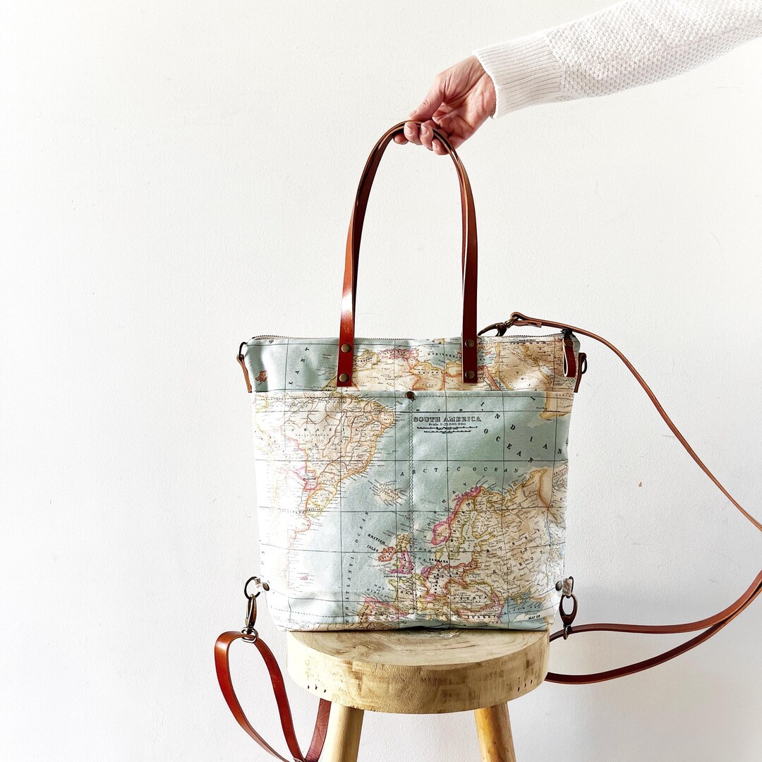 Travel Backpack With World Map Canvas and Leather Handles, Convertible ...