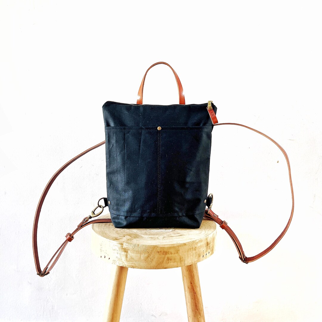 Black Waxed Canvas Compact Backpack: Convertible, Brown Leather Straps ...