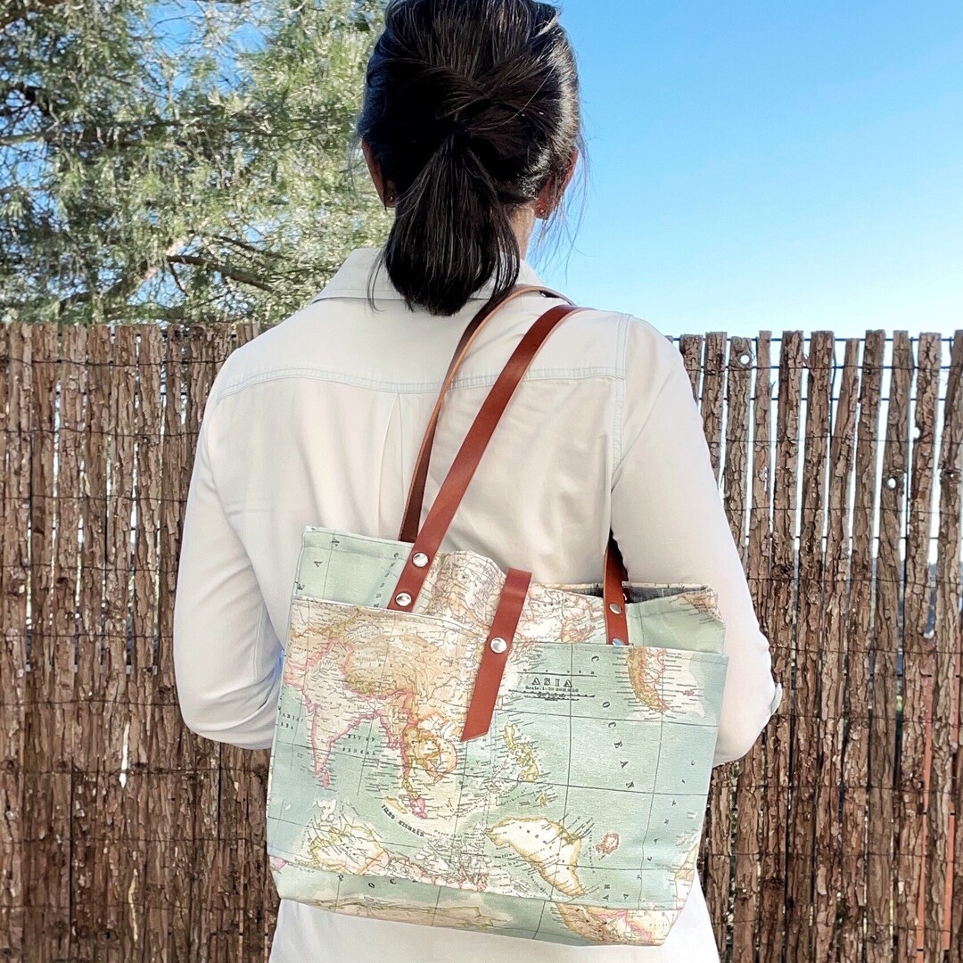 World Map Canvas Tote Bag With Leather Straps, Personalized Canvas and ...