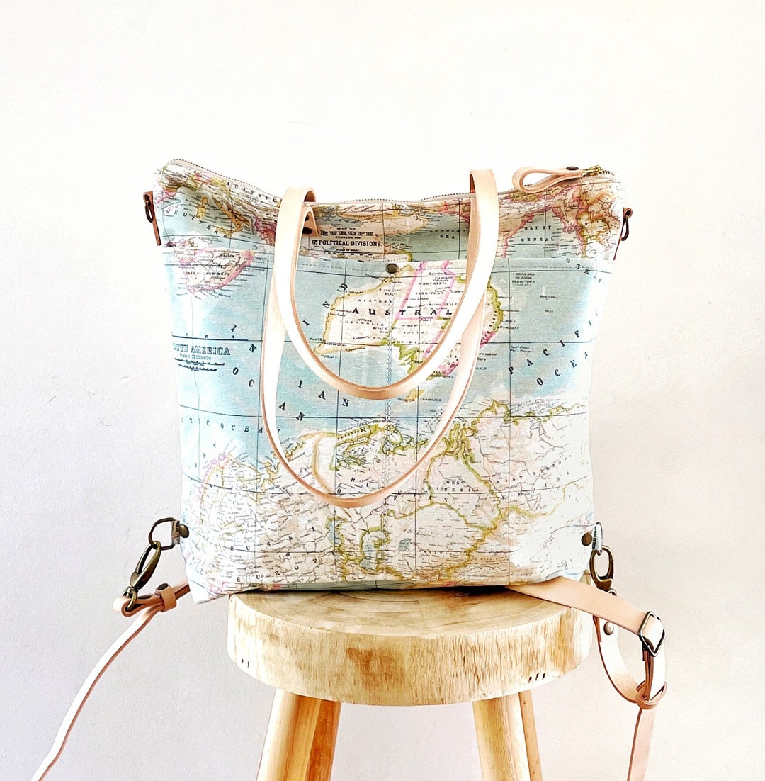 Handmade Convertible Backpack Purse, World Map Tote Bag With Leather ...