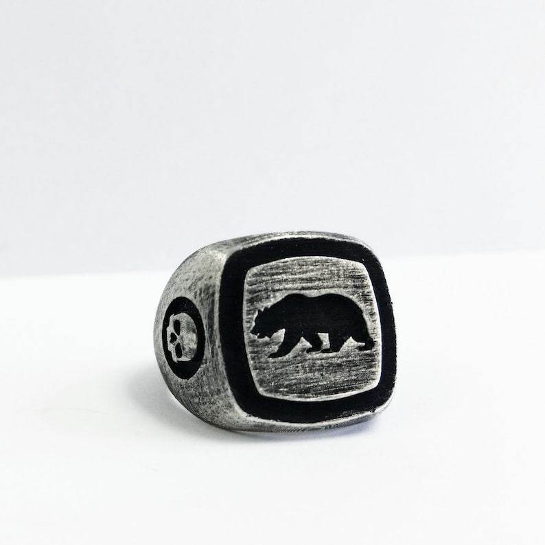 Solid .925 Oxydized Sterling Silver California Republic Bear Skull Ring ...