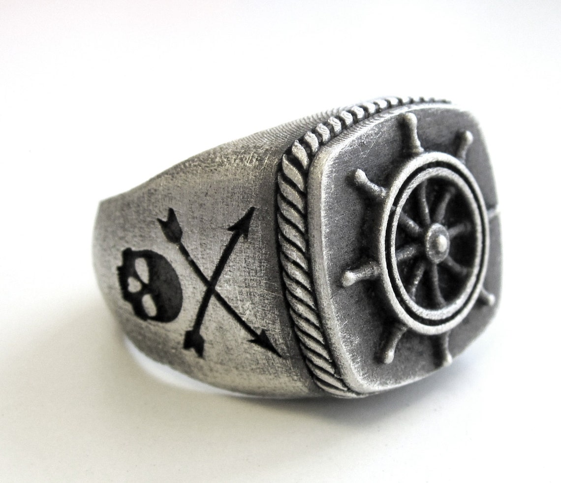 Solid .925 Oxydized Sterling Silver Captain Wheel Skull Ring Unisex - Etsy