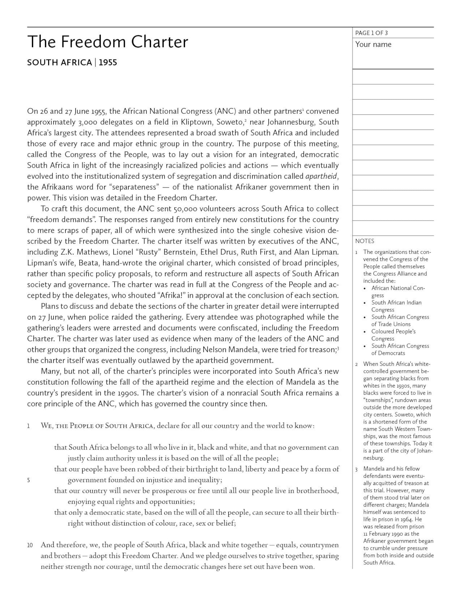 The Freedom Charter south Africa 1955 Digital Download Classroom ...