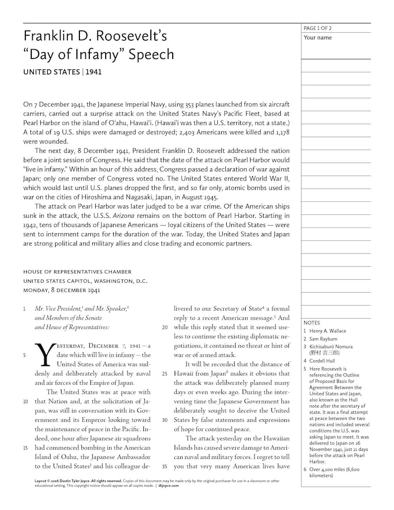 Franklin D. Roosevelt’s “day of Infamy” Speech (united States | 1941 ...