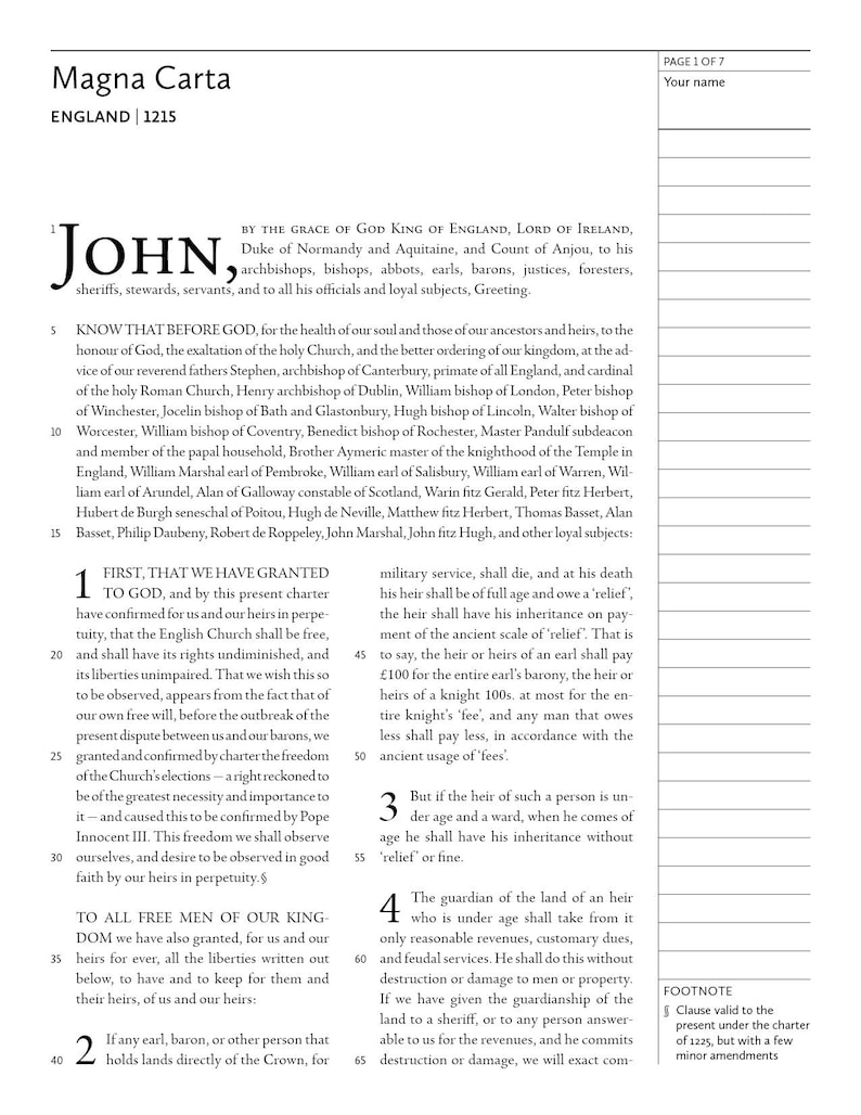 Magna Carta (england | 1215) — Digital Download — Classroom Handout for ...