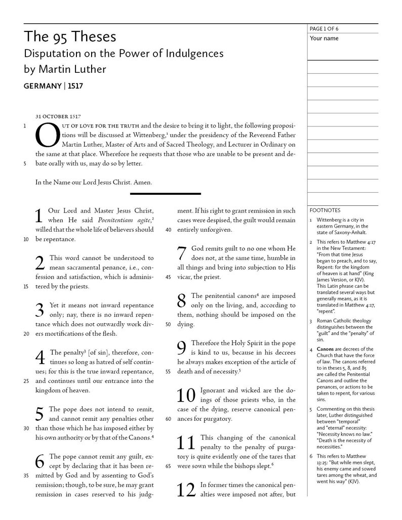 Martin Luther: the 95 Theses (disputation on the Power of Indulgences ...