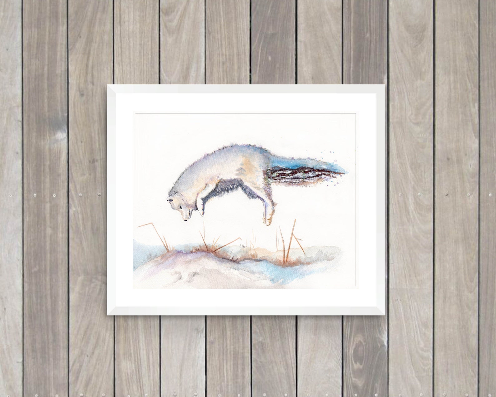 Arctic fox watercolor art print fox jumping decor winter fox | Etsy