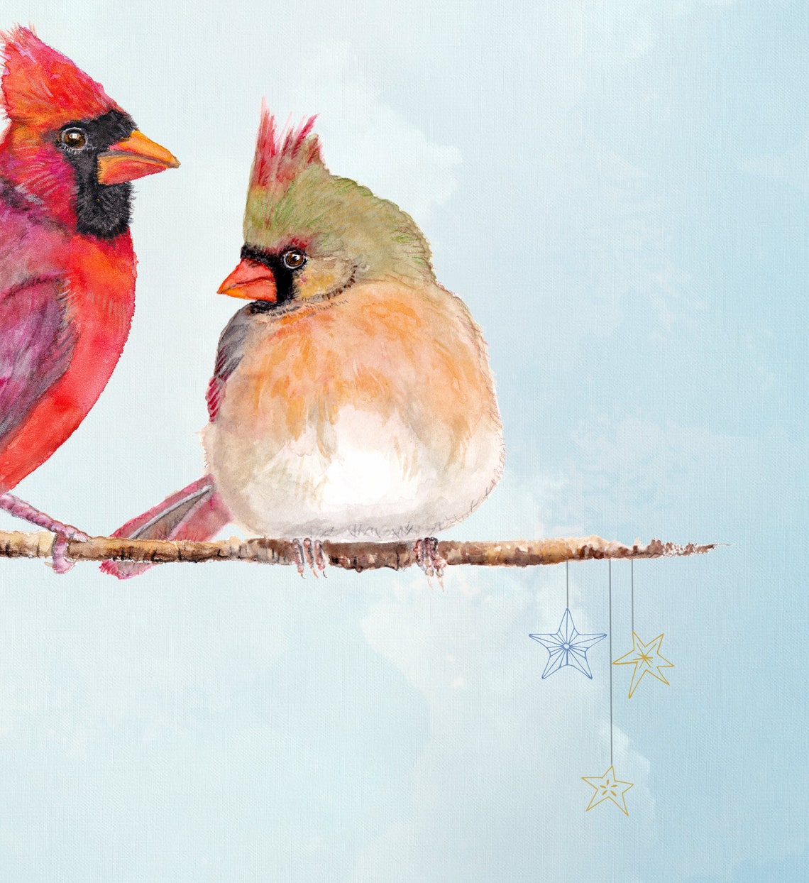 Cardinal Pair Art Print Love Birds Under Moon and Stars - Etsy