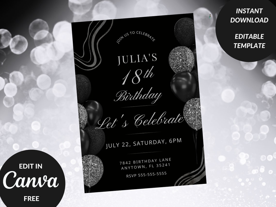 Editable 18th Birthday Party Invitation Template, Editable Canva ...