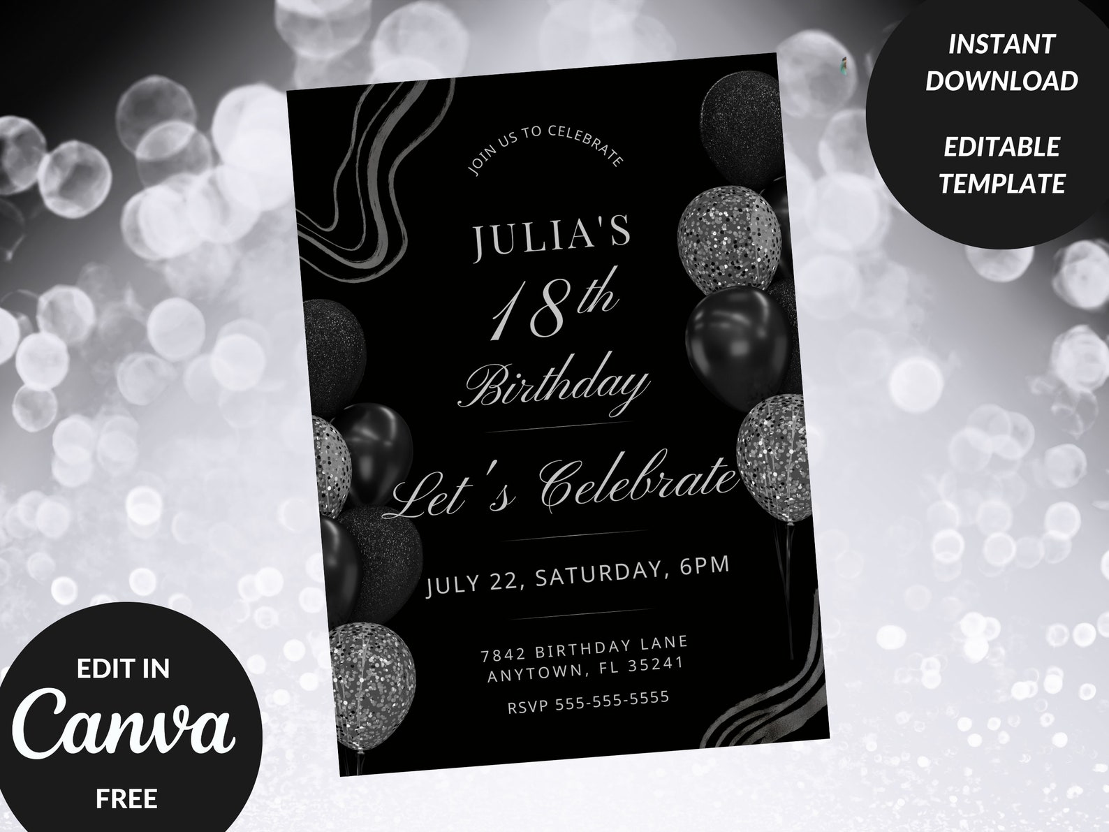 Editable 18th Birthday Party Invitation Template, Editable Canva ...