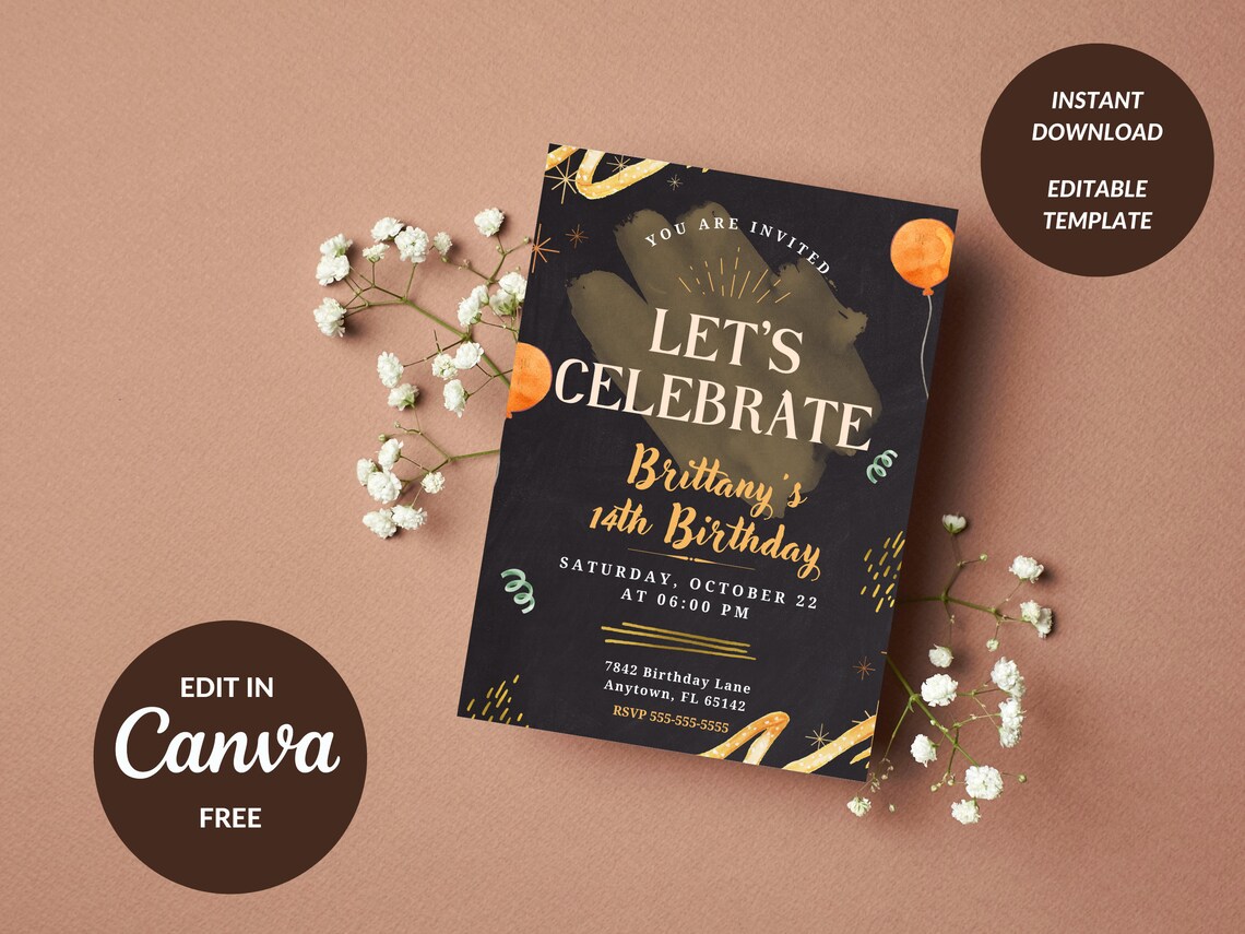 Editable Birthday Party Invitation Template, Canva Customizable (5x7in ...