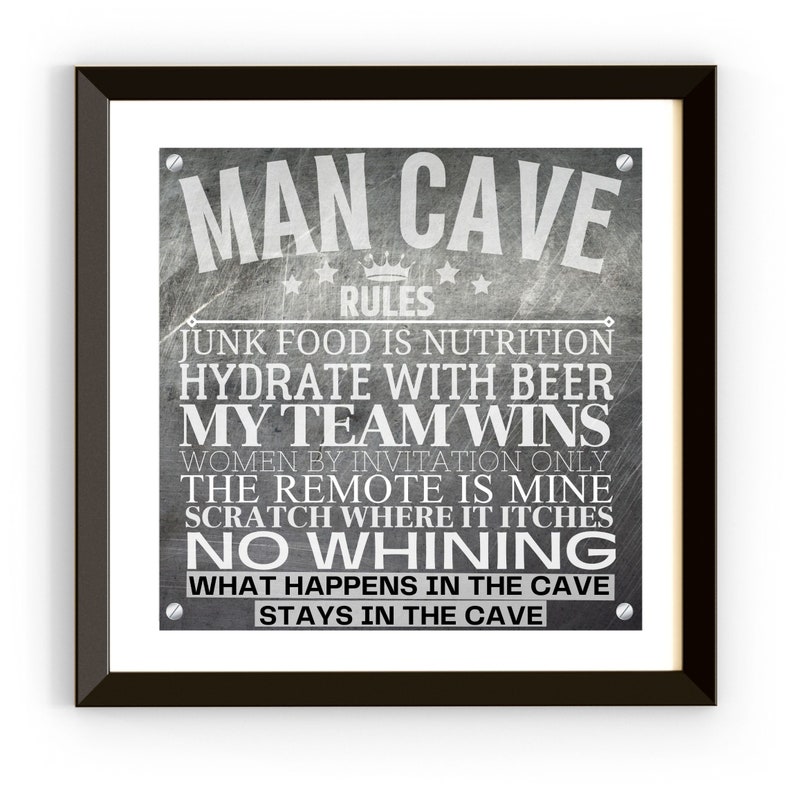 MAN CAVE RULES Printable Art metallic, Funny Man Cave Signs, Printable Man Cave, Man Cave ...