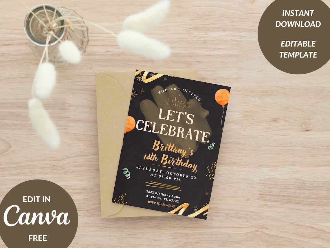 Editable Birthday Party Invitation Template, Canva Customizable (5x7in ...
