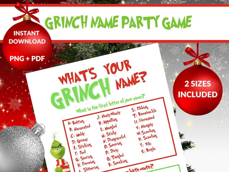 Grinch Name Christmas Party Game: Printable Holiday Fun (PNG, PDF) - Etsy