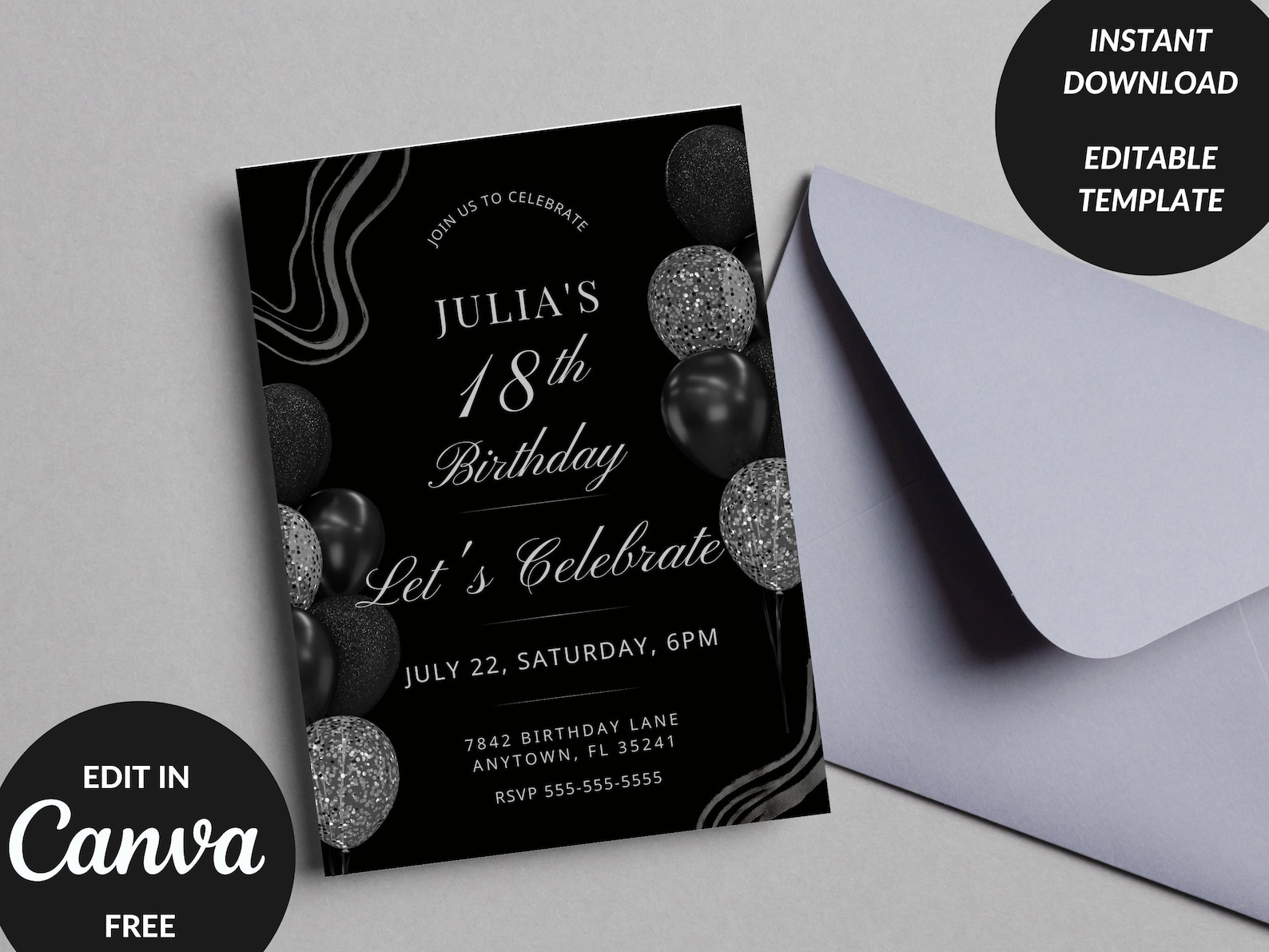Editable 18th Birthday Party Invitation Template, Editable Canva ...