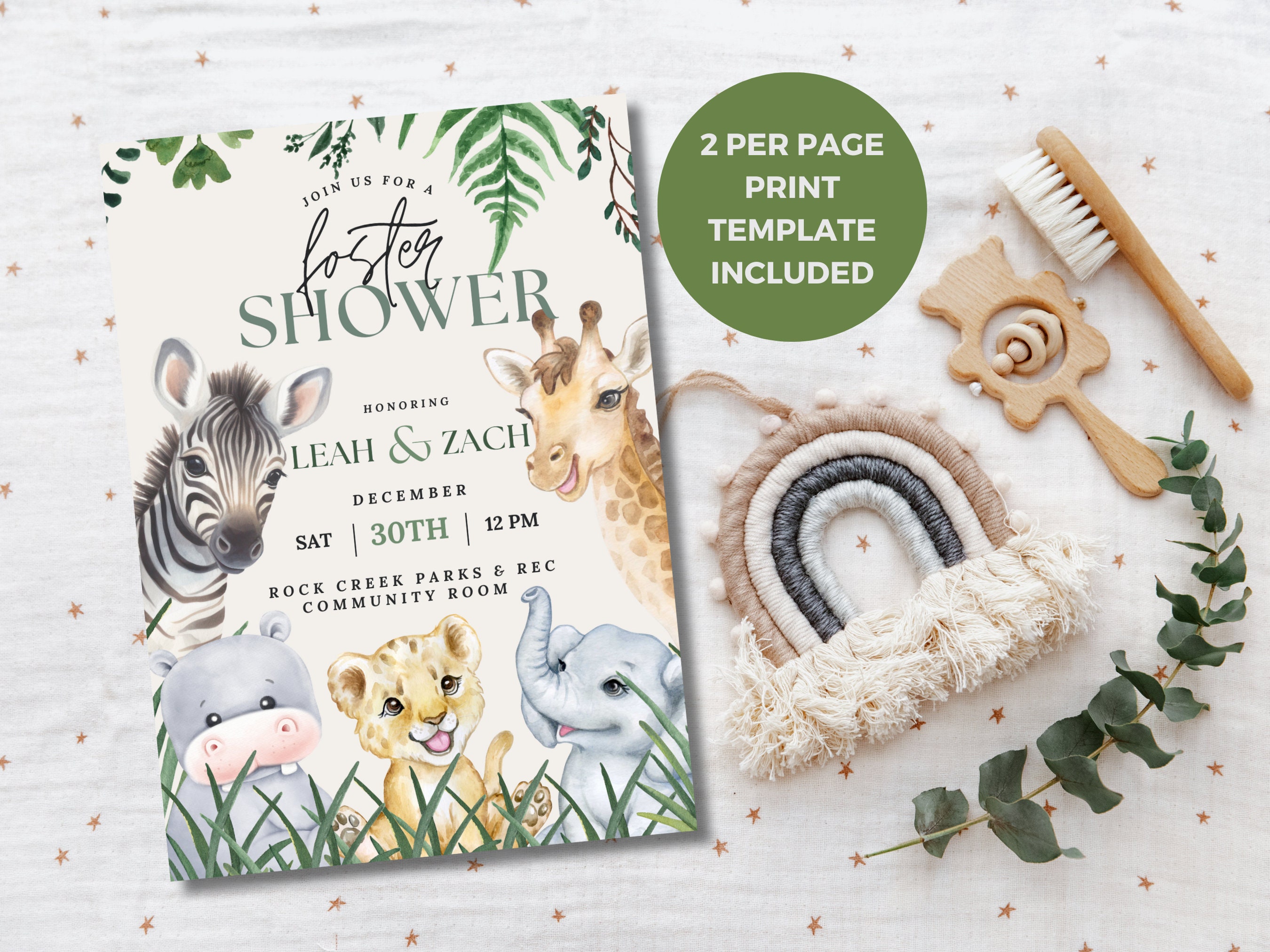 Editable Foster Shower Invitation Template: Safari Animals (canva ...