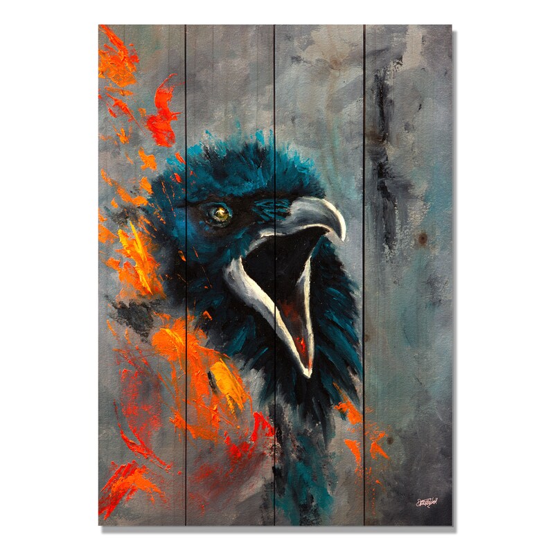 Dramatic Fire Raven Painting - Wood Art Print Wall Decor - Hanging Art ...