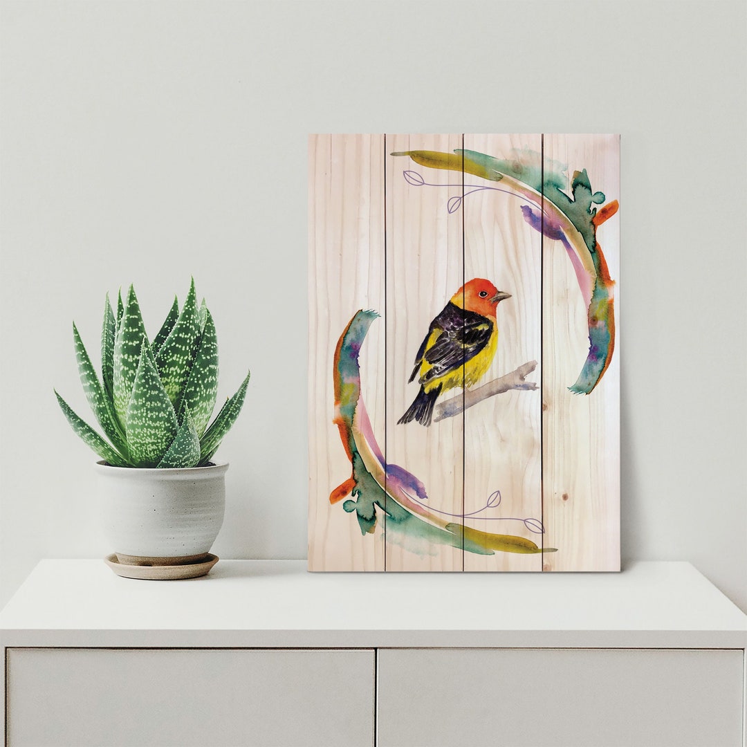 Colorful Tanger Bird Watercolor Print on Wood. Indoor and Outdoor Safe ...