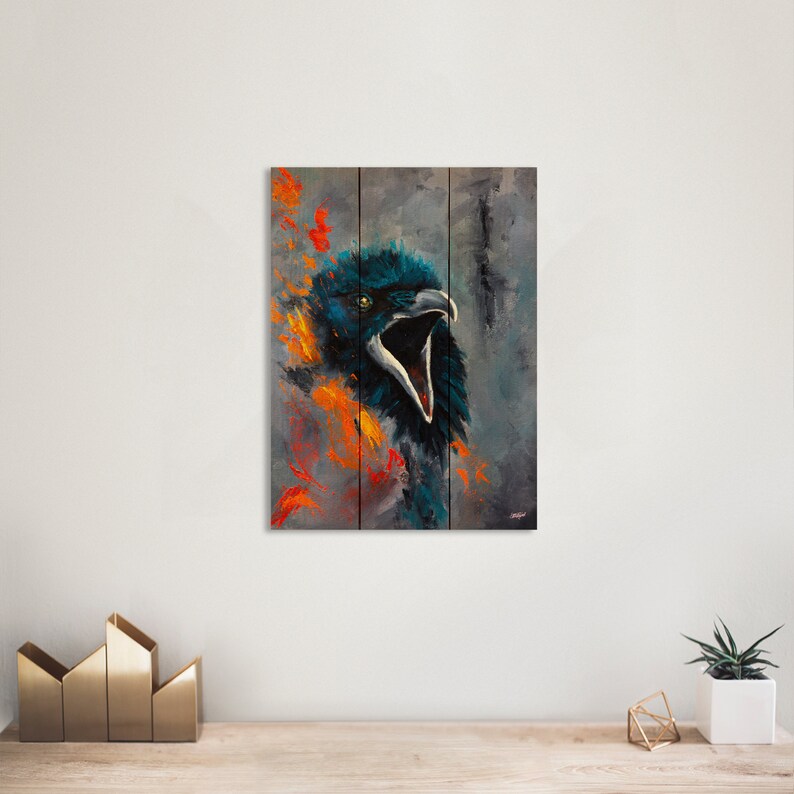 Dramatic Fire Raven Painting - Wood Art Print Wall Decor - Hanging Art ...