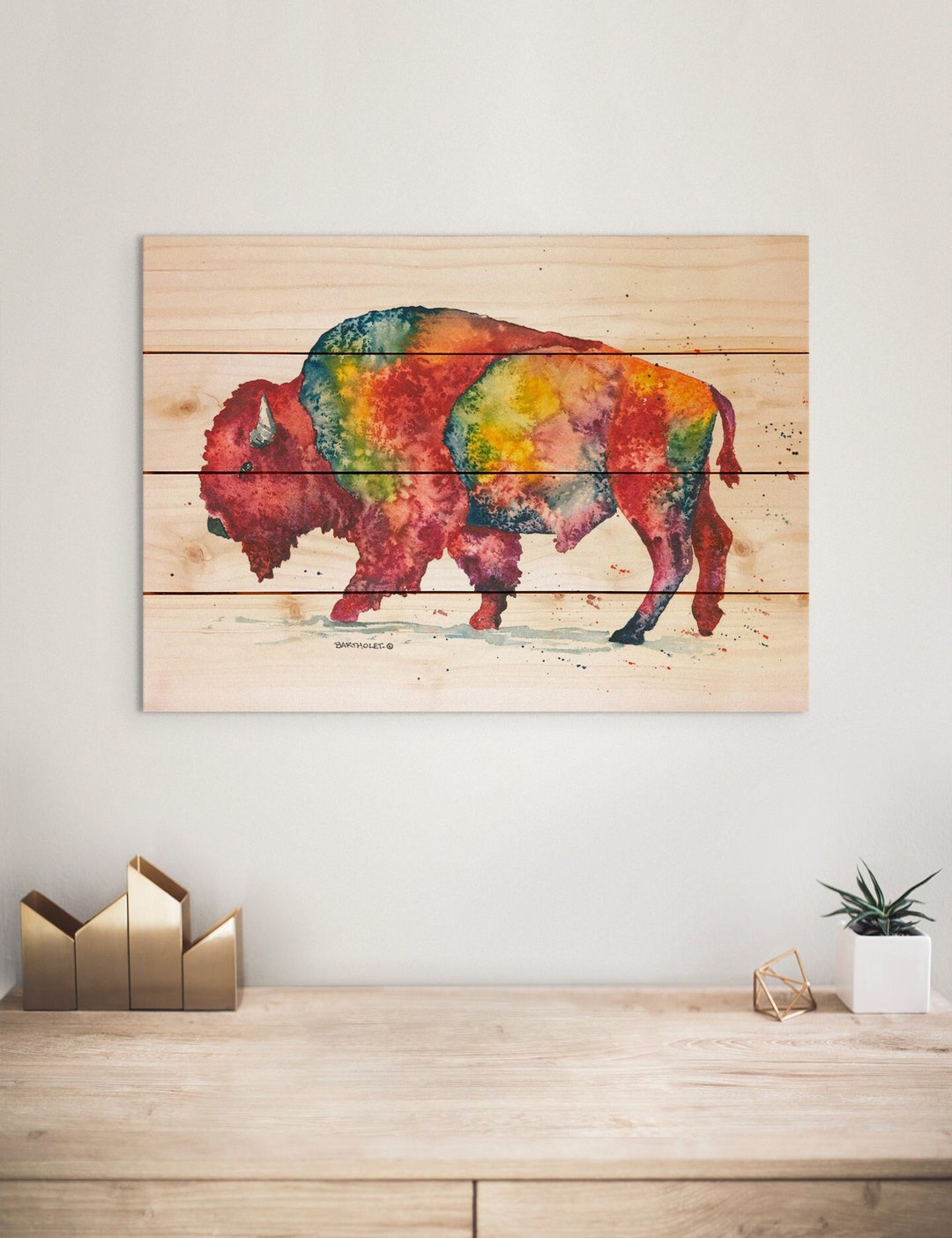 Colorful Rainbow Bison Art Print on Wood - Buffalo Painting on Pallet ...