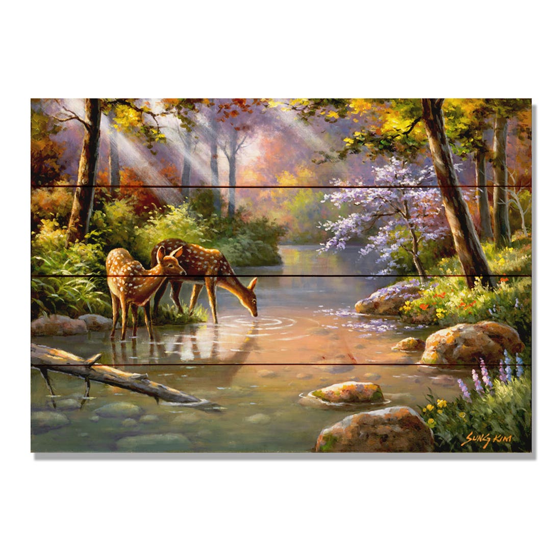 Deer in Stream Colorful Nature Art on Wood Pallet / Cabin Art / Deer ...