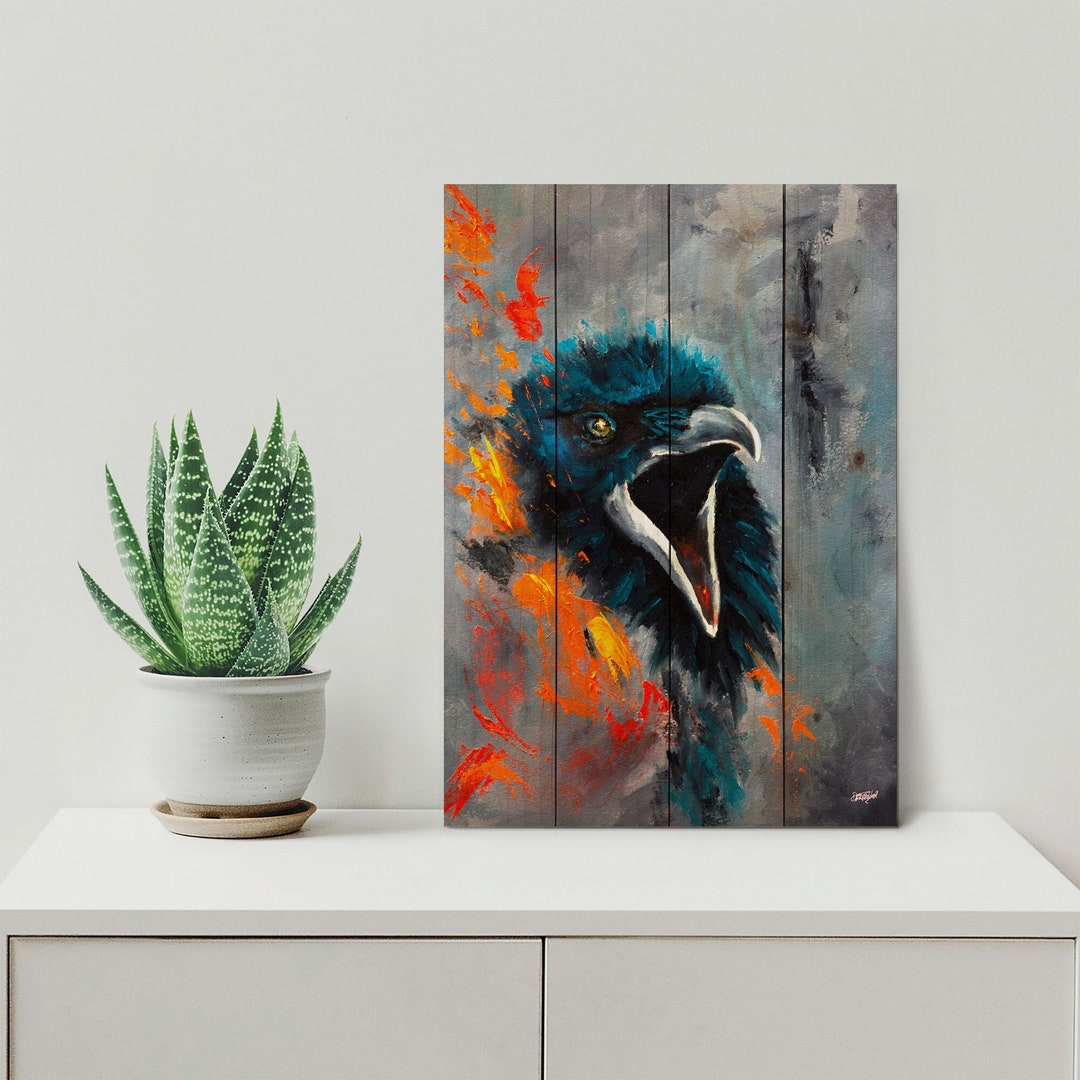 Dramatic Fire Raven Painting - Wood Art Print Wall Decor - Hanging Art ...