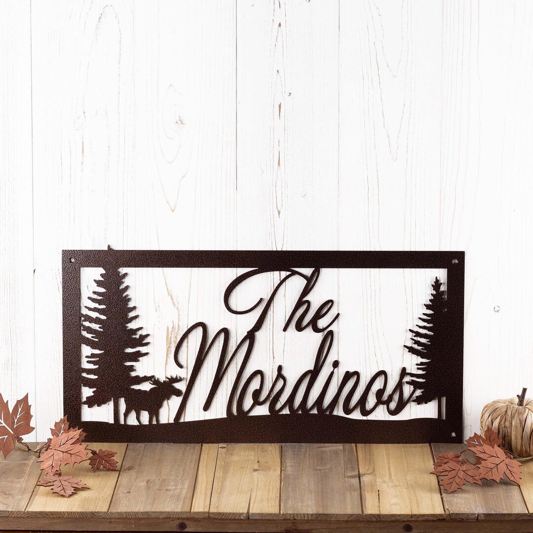 Personalized Metal Script Family Last Name Sign, Moose Silhouette With ...