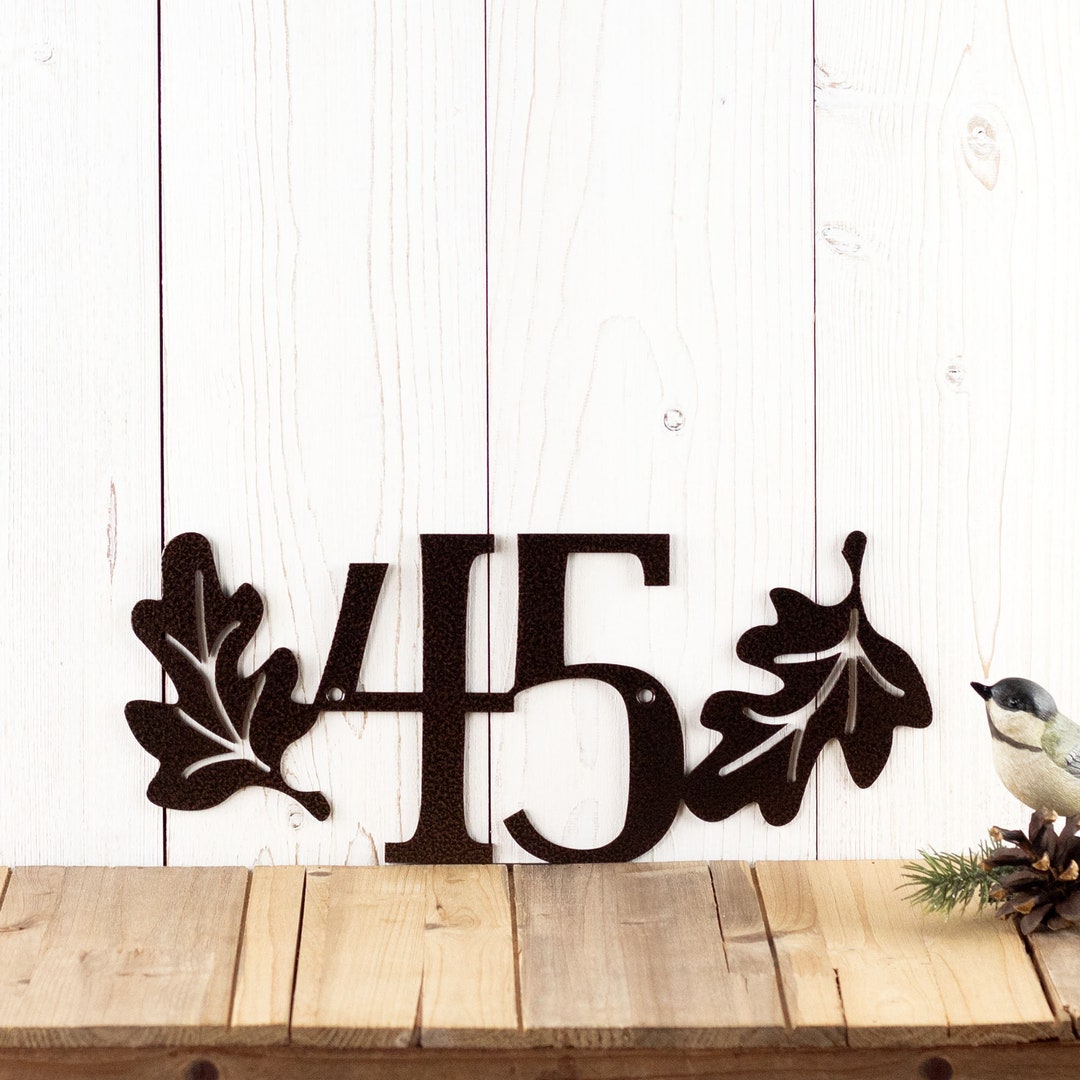 Custom Outdoor House Number Metal Sign With Oak Leaves, Address Plaque ...