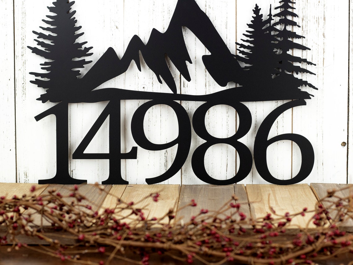 House Number Plaque With Mountains and Pine Trees Metal Sign - Etsy