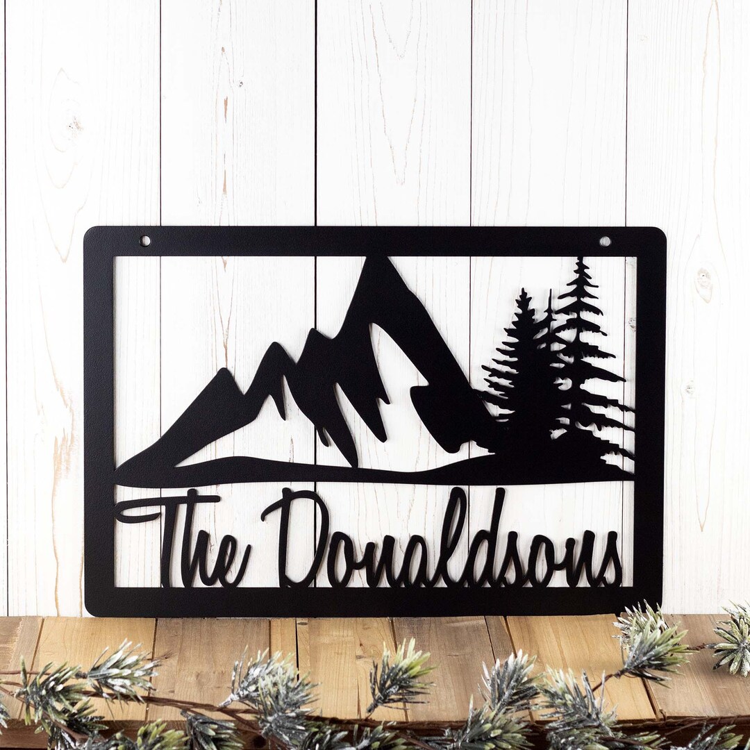 Custom Cursive Family Last Name Metal Sign With Rustic Rocky Mountain ...