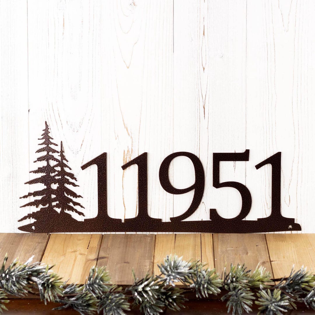Custom Pine Tree Metal House Number Sign, Rustic Northern Forest Scene ...